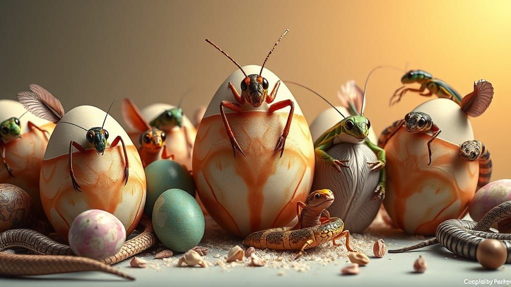Whimsical Easter Eggs with Insect and Reptile Head... - AI Art