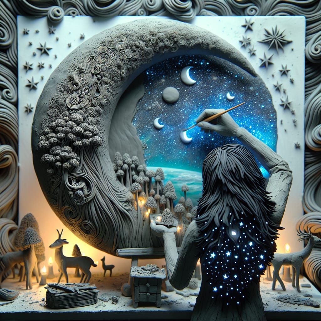 Surreal clay artist crafting her universe