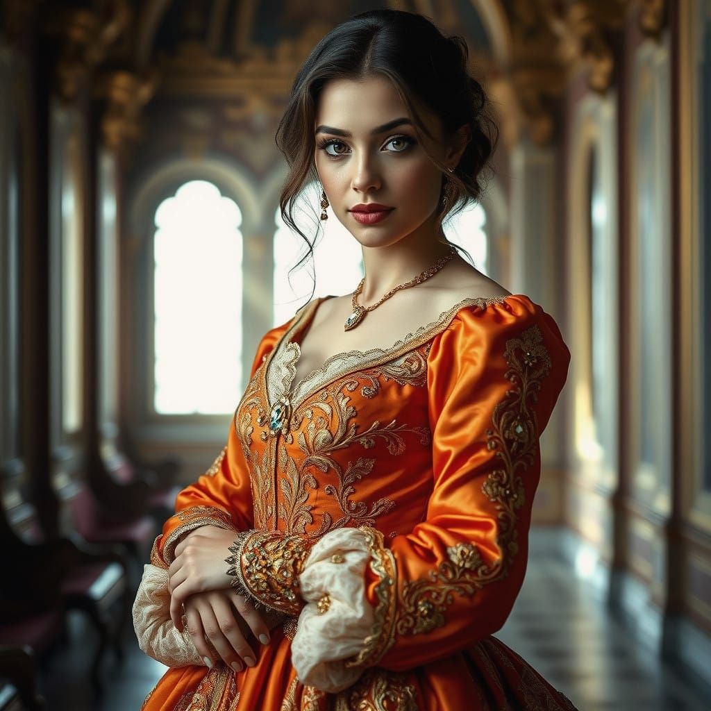 Photo portrait of a gorgeous woman of Italian descent wearing an orange ...