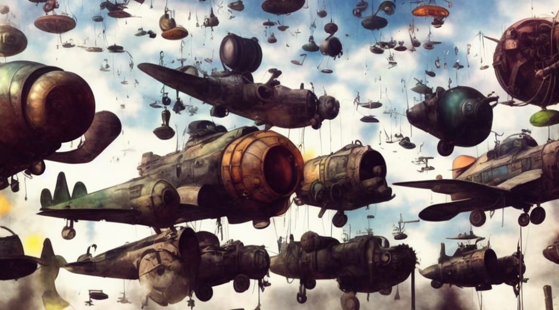 Fantastic Air Machine Parade in Dieselpunk Style - AI Art
