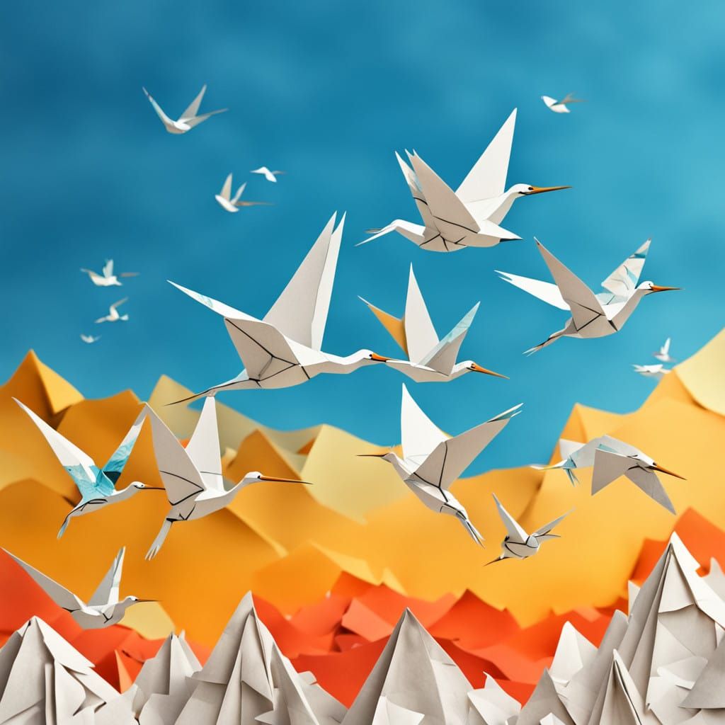 Paper Cranes Soar in a Vibrant Collage Sky with Dy... - AI Art