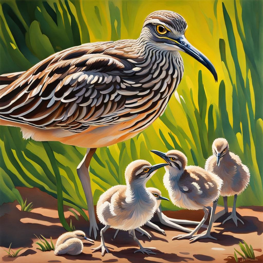 Bush Stone-curlew and babies"Hyperrealistic, splash art, concept art, mid shot, intricately ...