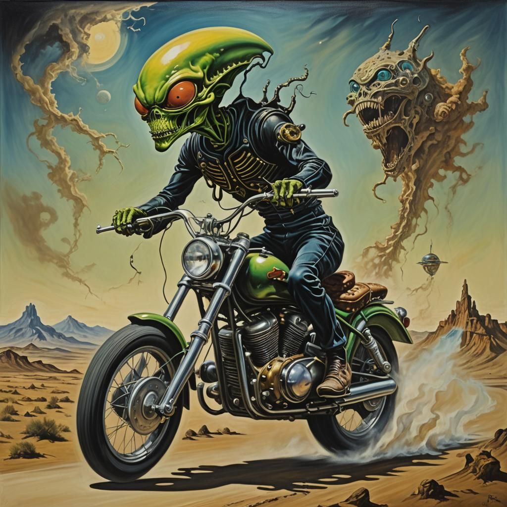 An alien riding on motorcycle being chased - AI Generated Artwork ...