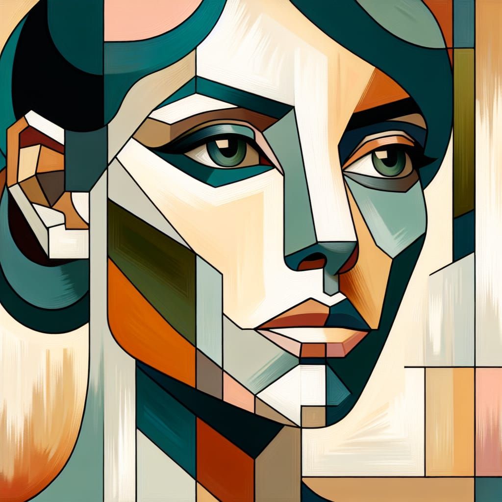 A cubist-style portrait of a woman with geometric shapes and bold lines