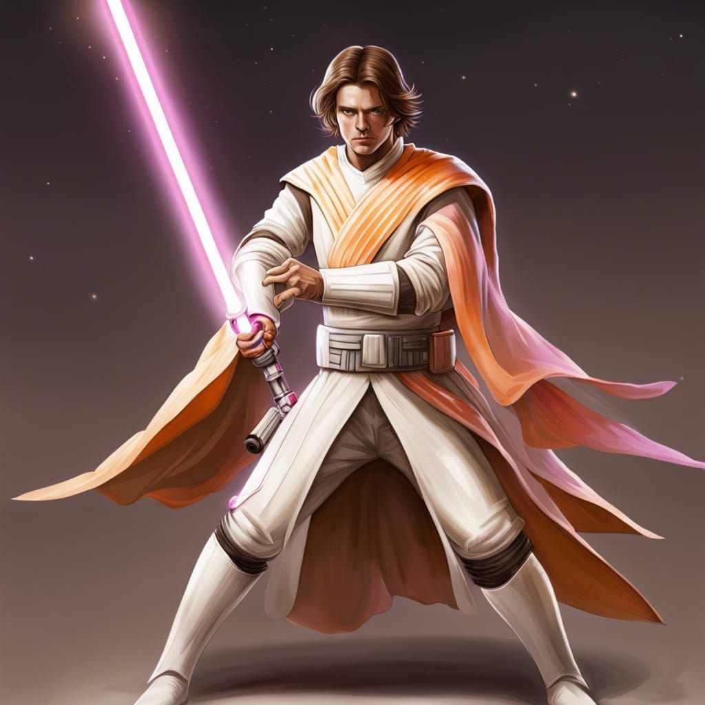 A Jedi Master in combat with brown hair and white armor. He has 2 ...