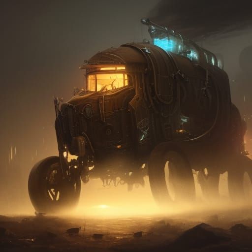 steampunk ominous large walking machine transport vehicle action shot ...