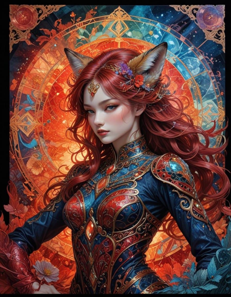 Surreal Red Watercolor Fantasy of Divine Fox Lady ... - AI Art