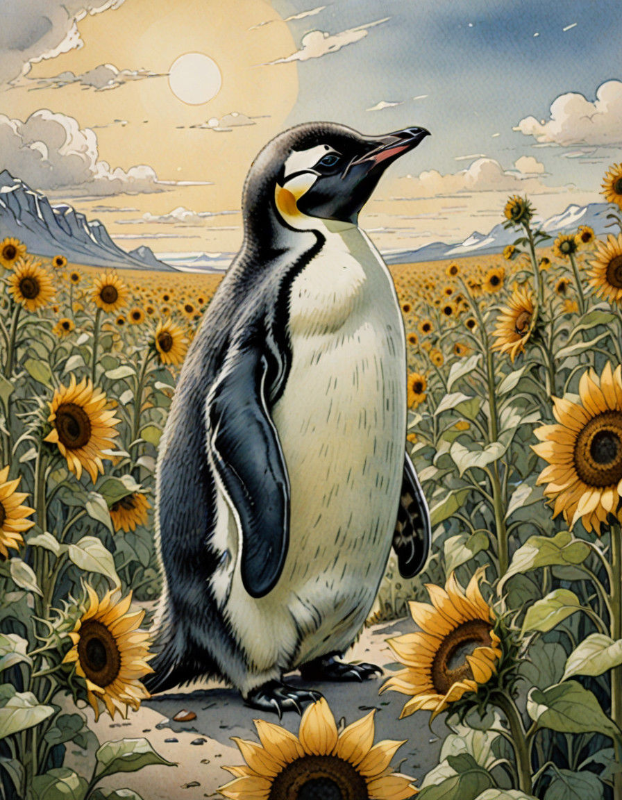 Sunflower Penguin - Whimsical Emperor Penguin Discovers Sunf...