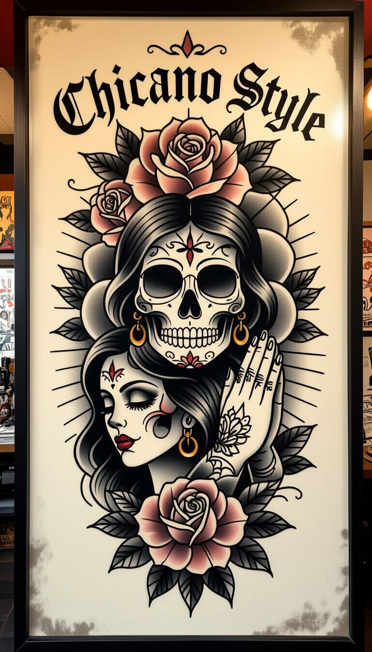 Chicano Tattoo Flash Art in Traditional Tattoo Sho... - AI Art