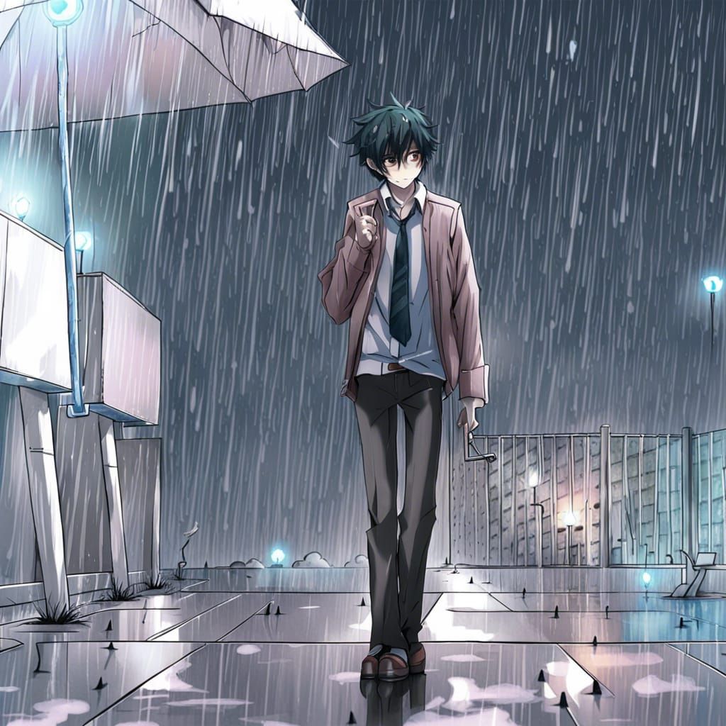 guy, alone, raining, walking, bored - AI Generated Artwork - NightCafe Creator