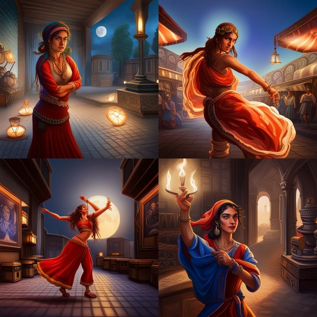 A gypsy girl dancing in the corner of a bazaar under a summer moon ...