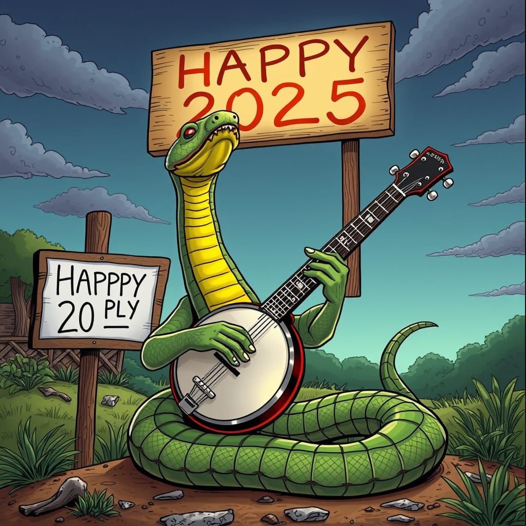 Snake Strums Banjo in Front of New Year's Sign - AI Art