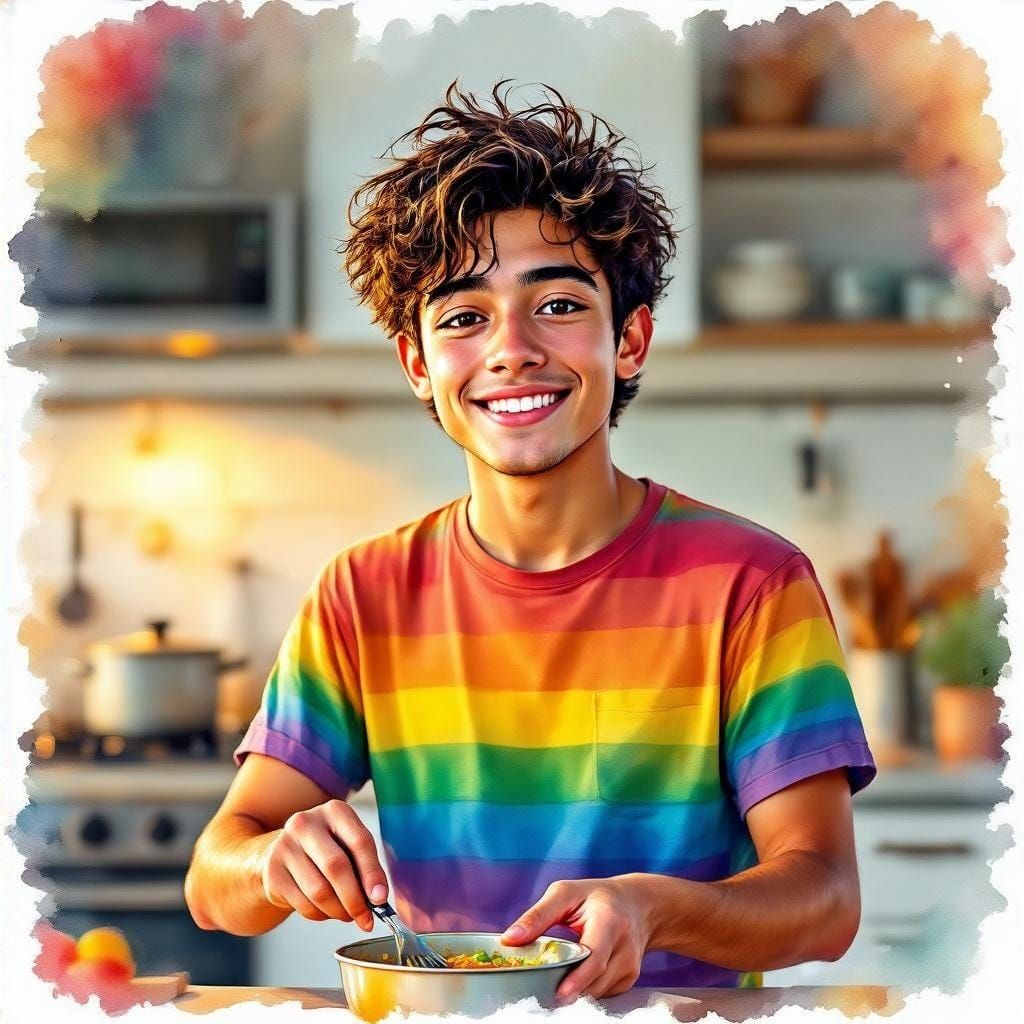 Smiling Cook 250525 - Gay Latino Lad Cooking in Watercolor S...