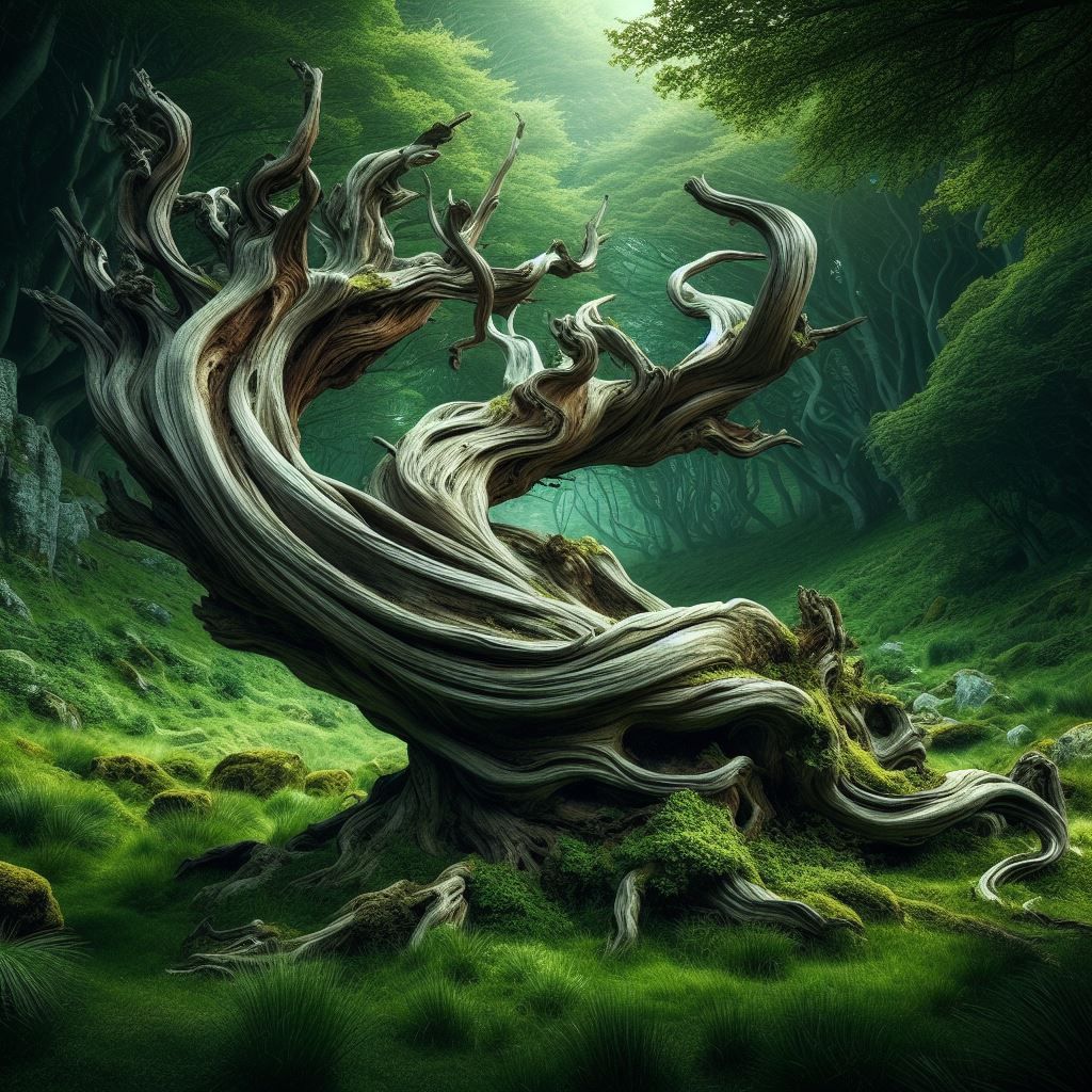 gnarled tree trunk emerging from a verdant landscape - AI Generated ...
