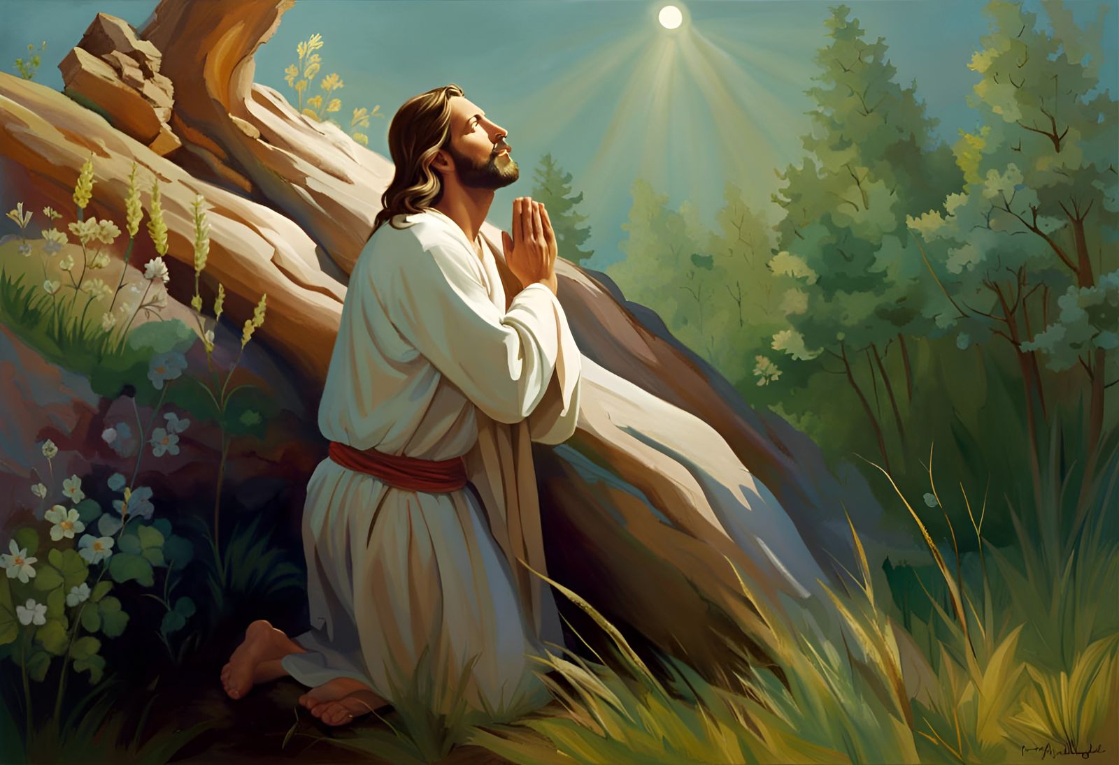 Jesus Kneeling in Prayer Under The Moonlight In The Garden of ...