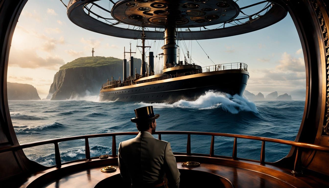 Captain Nemo at the Helm of the Nautilus in Golden... - AI Art