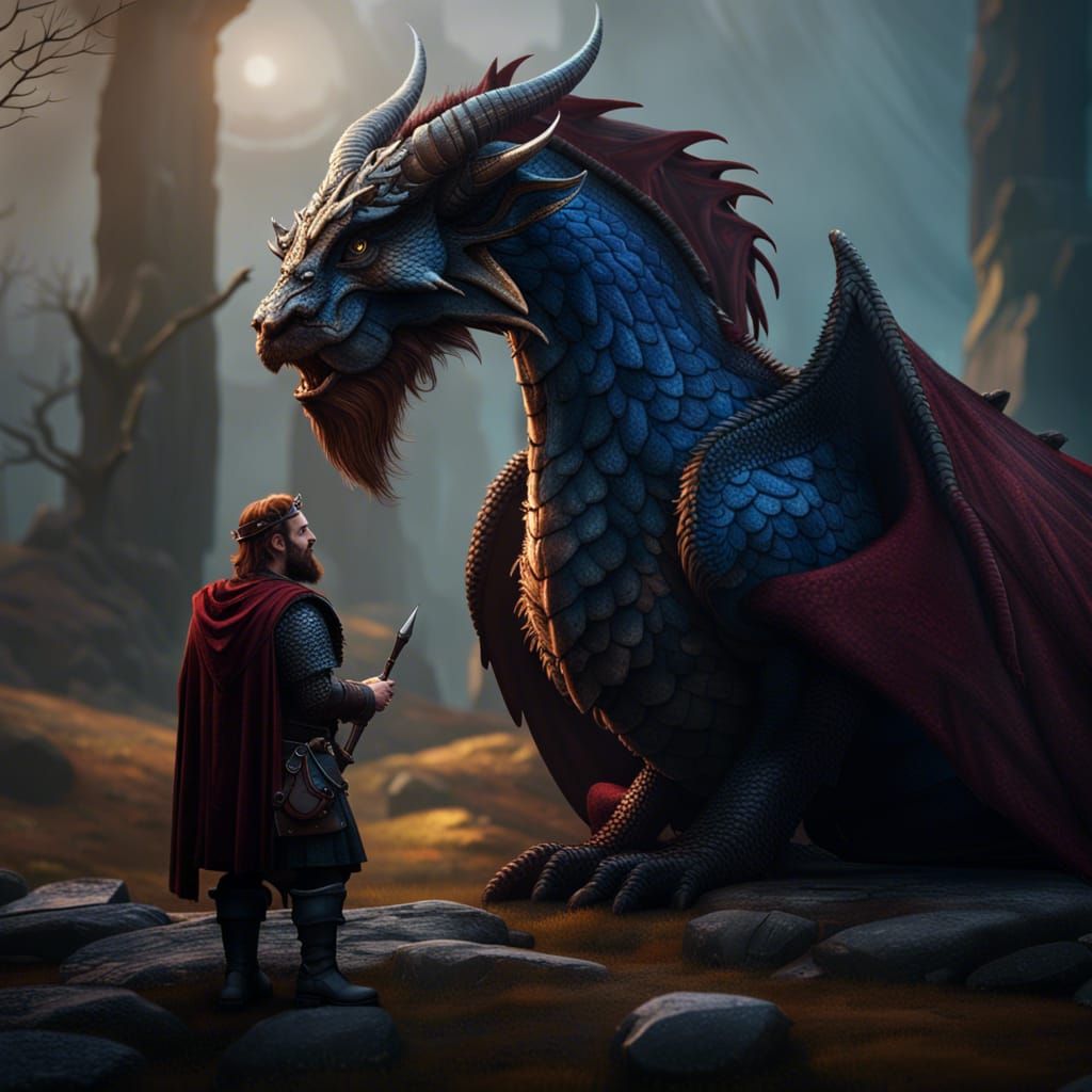 Scottish Highlander talking with his medieval dragon friend - AI ...