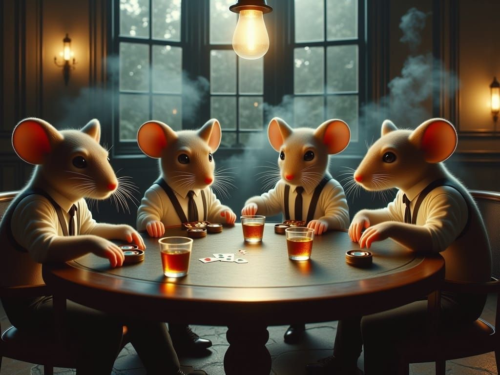 Adorable cute painting of a small group of mice in 1950s style clothes ...