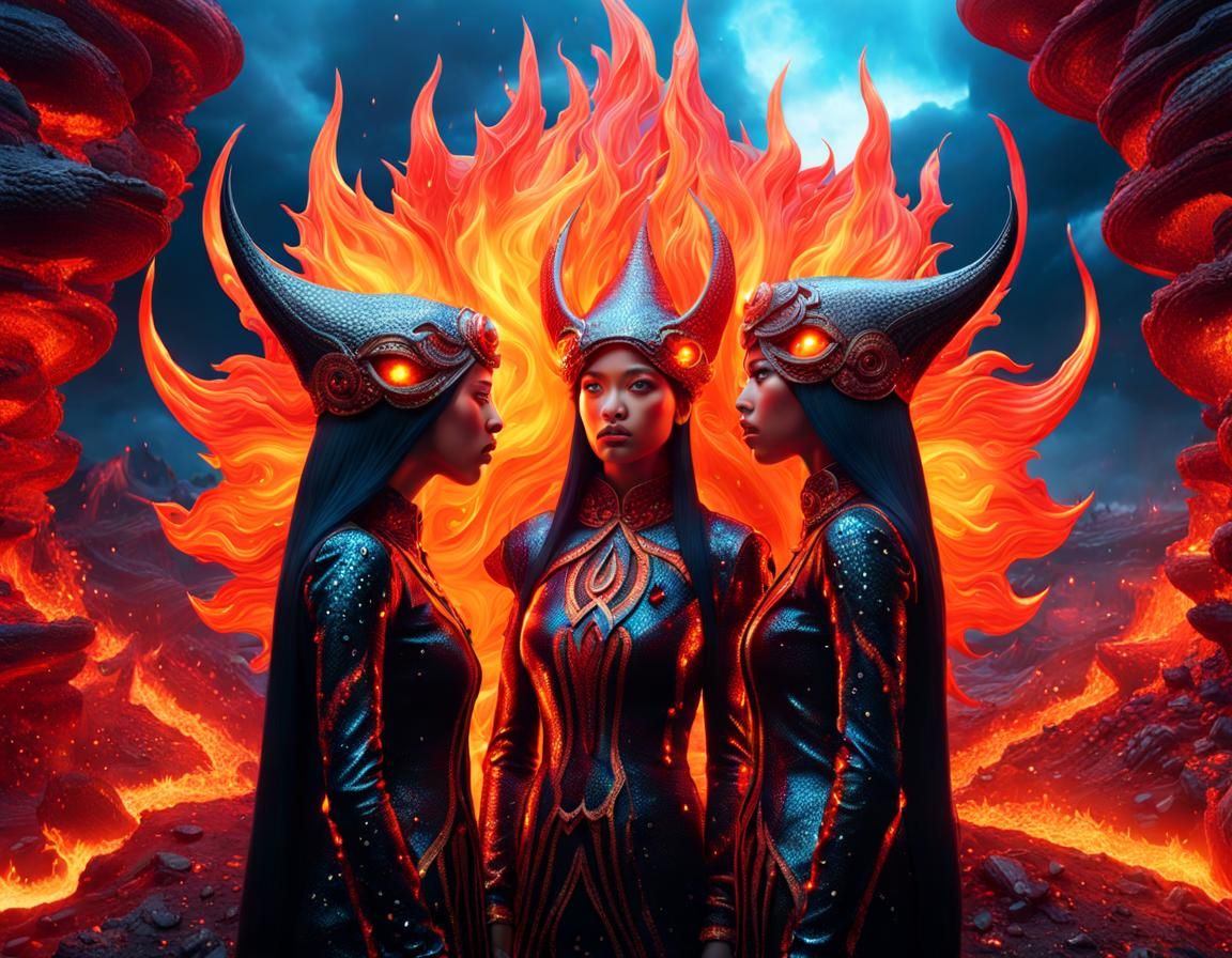 Fire Witches - Fiery Witches in Detailed Photorealistic 3D