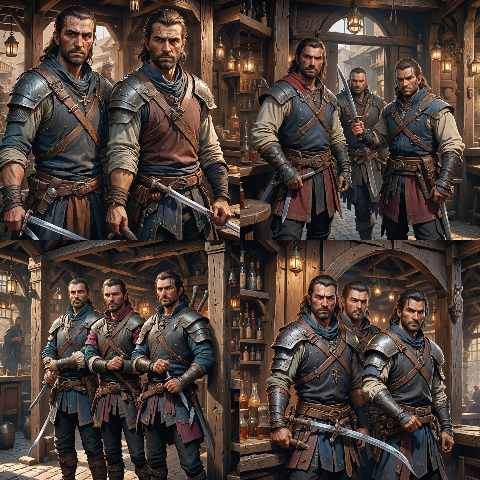 Fantasy, two thugs stand in the doorway of a tavern with their hands ...