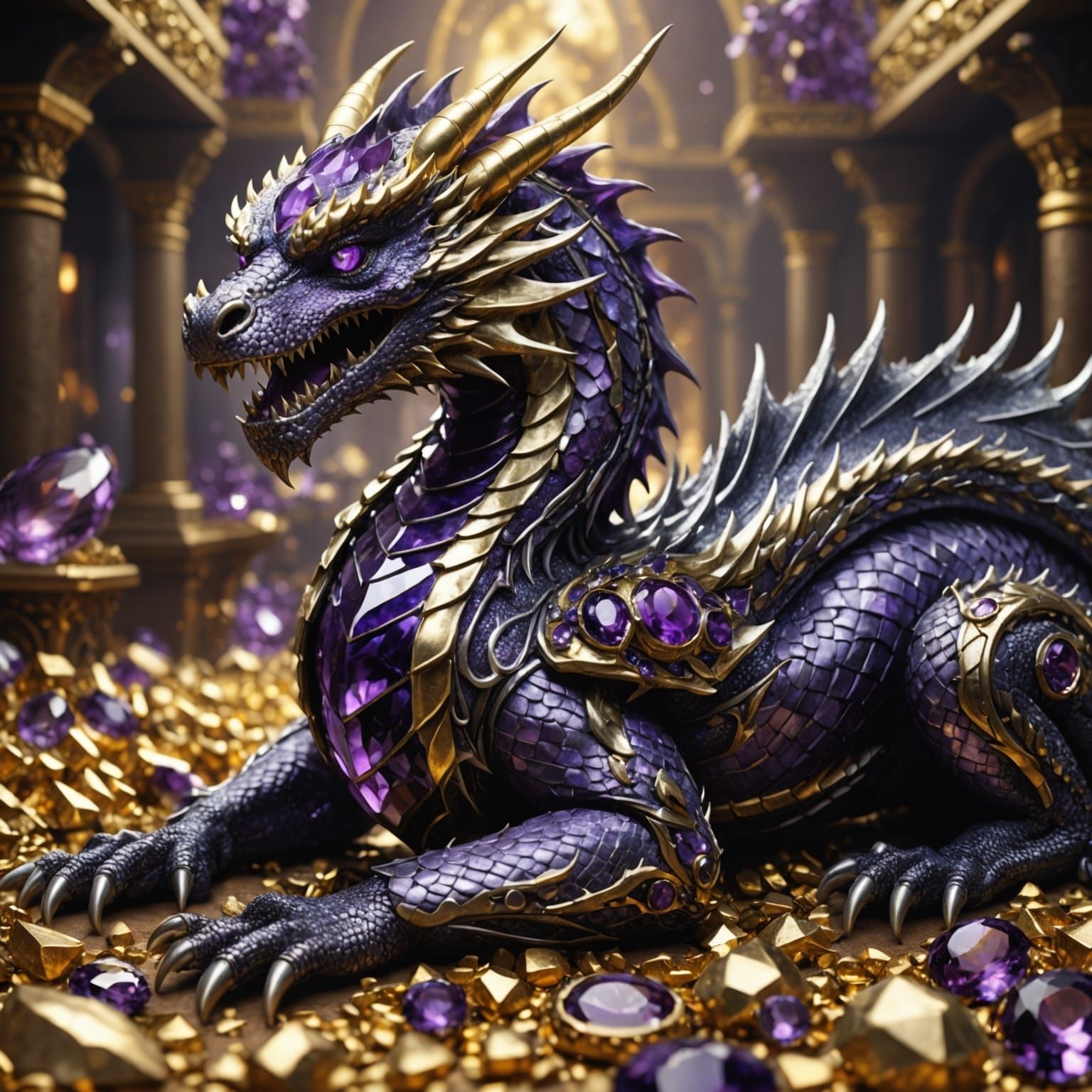 High fantasy: amethyst and silver dragon: laying in its horde of gold ...