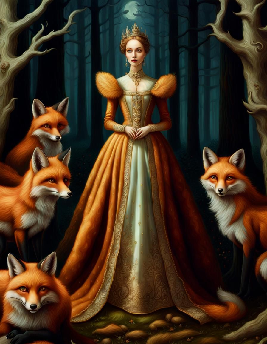 Fox Queen surrounded by several adoring foxes in the forest - AI ...