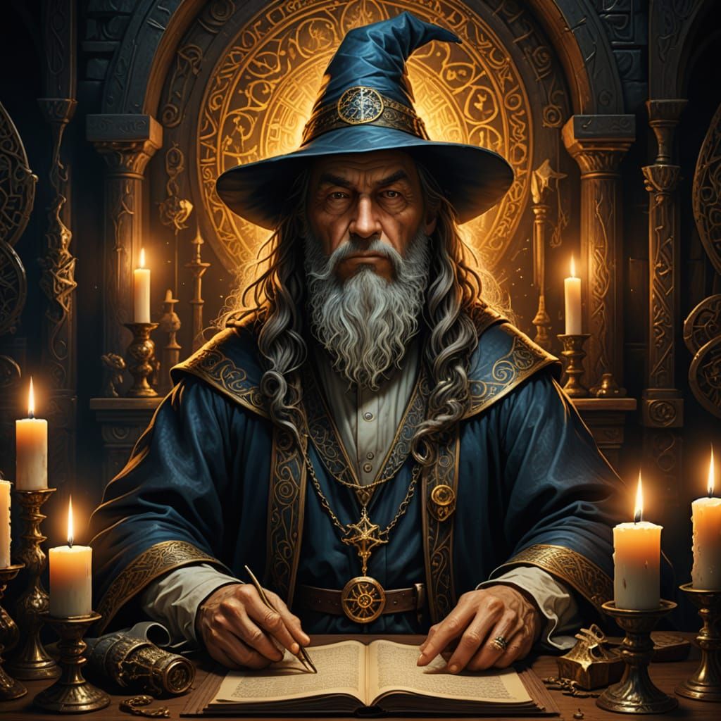 Tomes - Enigmatic Wizard Portrait with Ancient Magic Symbols...