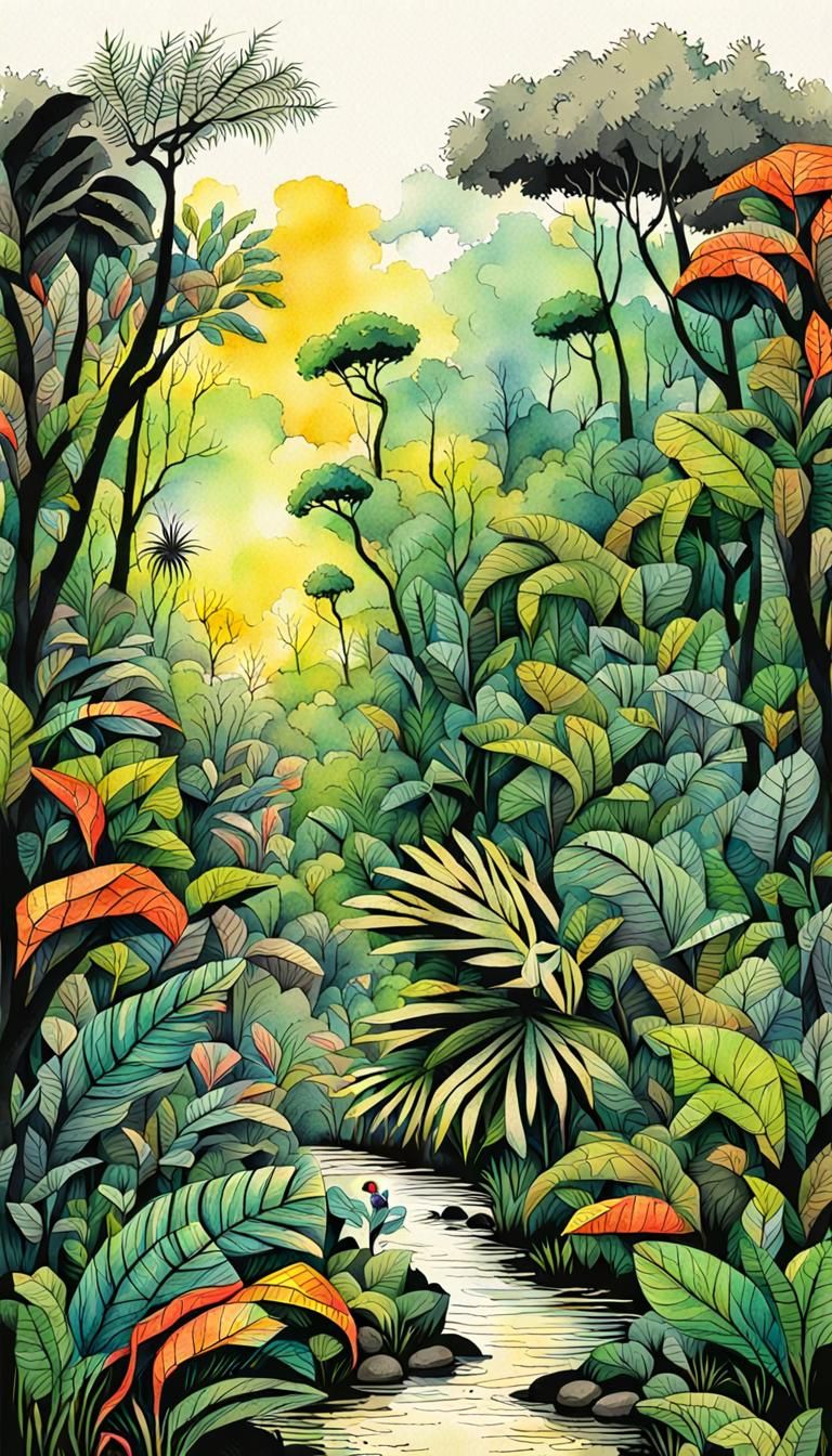 Ink painting of the jungle (colored) - AI Generated Artwork - NightCafe ...