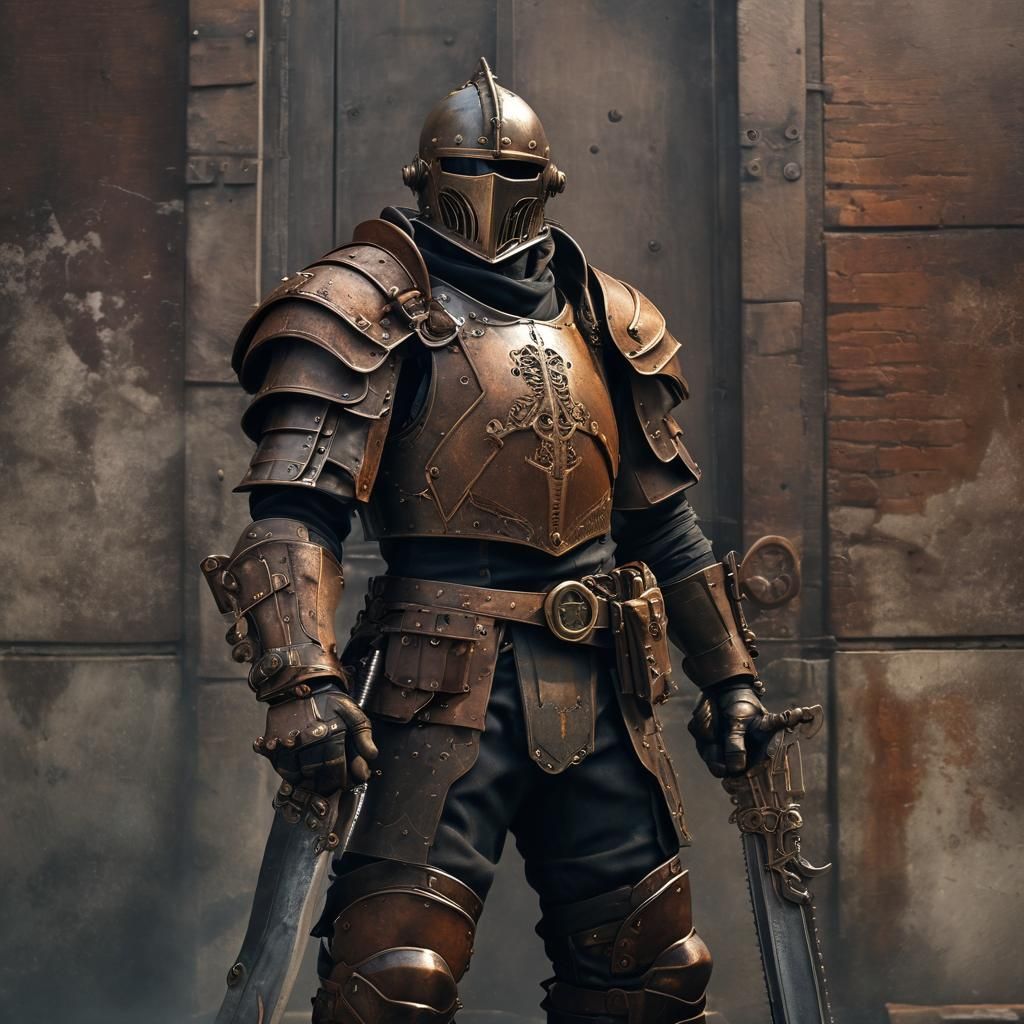 steampunk knight in rusted armor, wealing a chainsword, dynamic pose ...