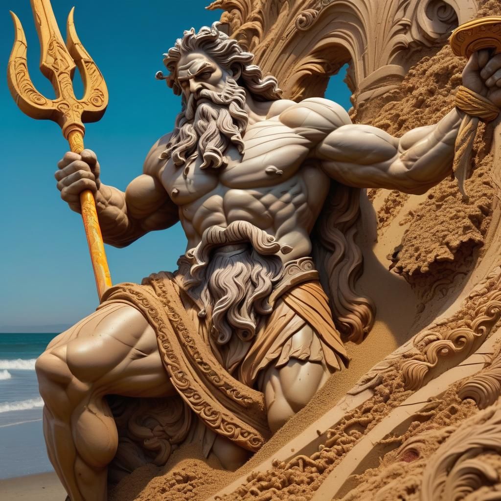 A large-scale sand art sculpture of Zeus holding a trident rises ...