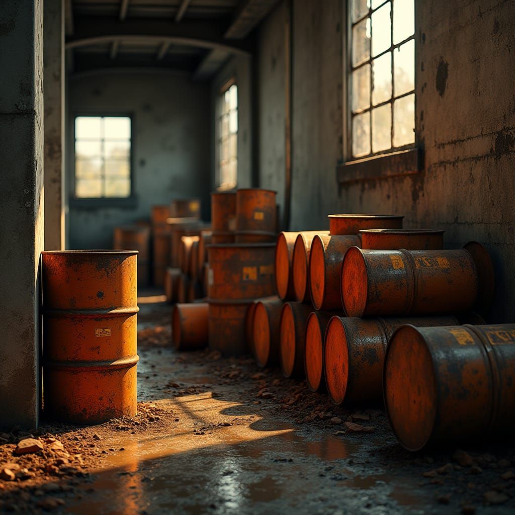 Rusting Industrial Drums in a Gritty Warehouse - AI Art