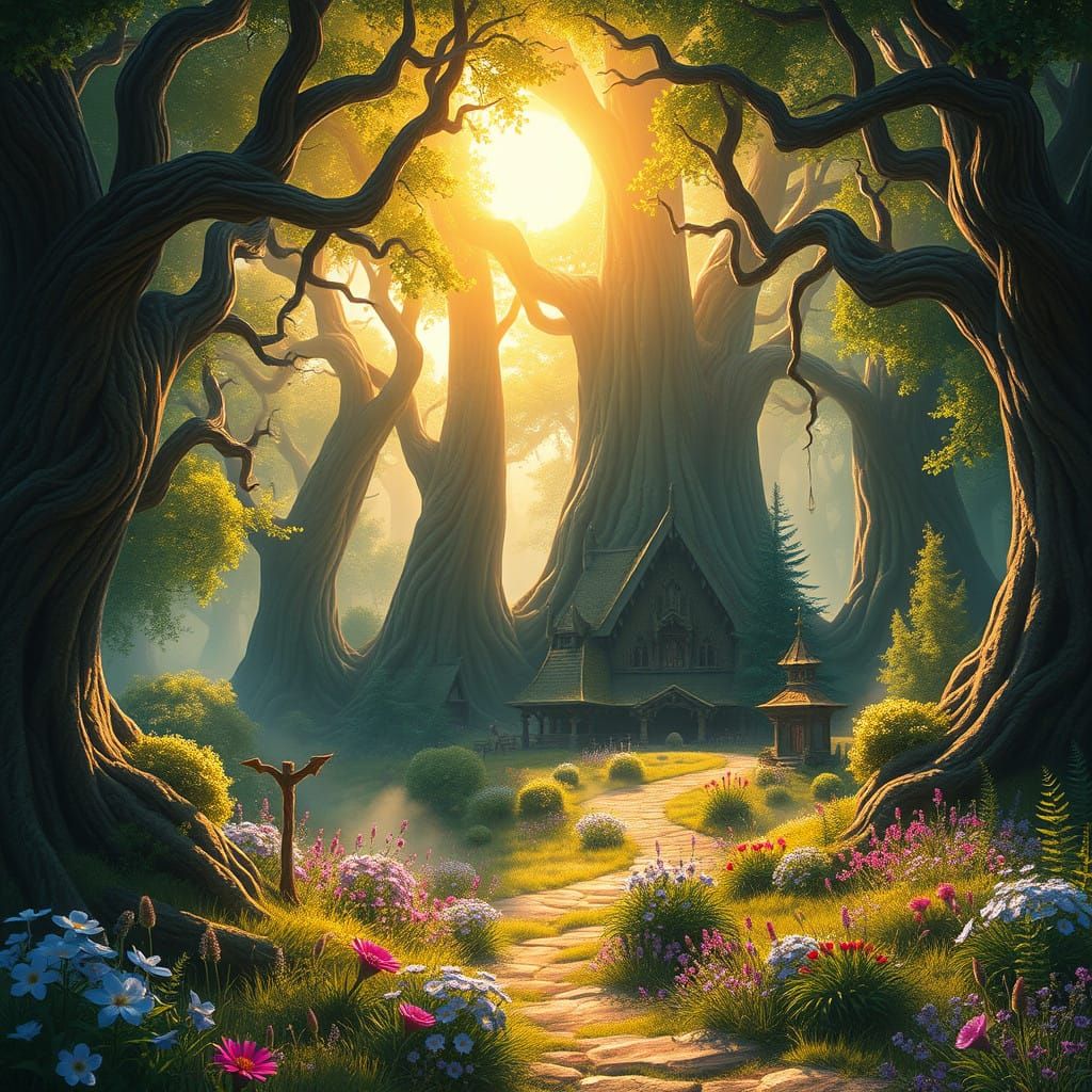 Fantasy Elf Village Basks in Majestic Sunlight - AI Art
