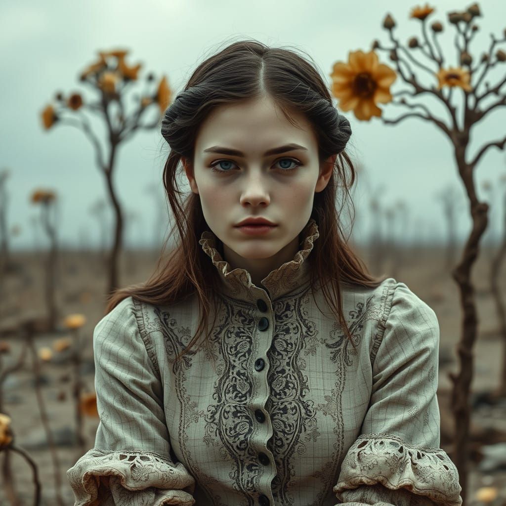 Peonies - Mysterious Woman in a Desolate, Cyberpunk Landscap...