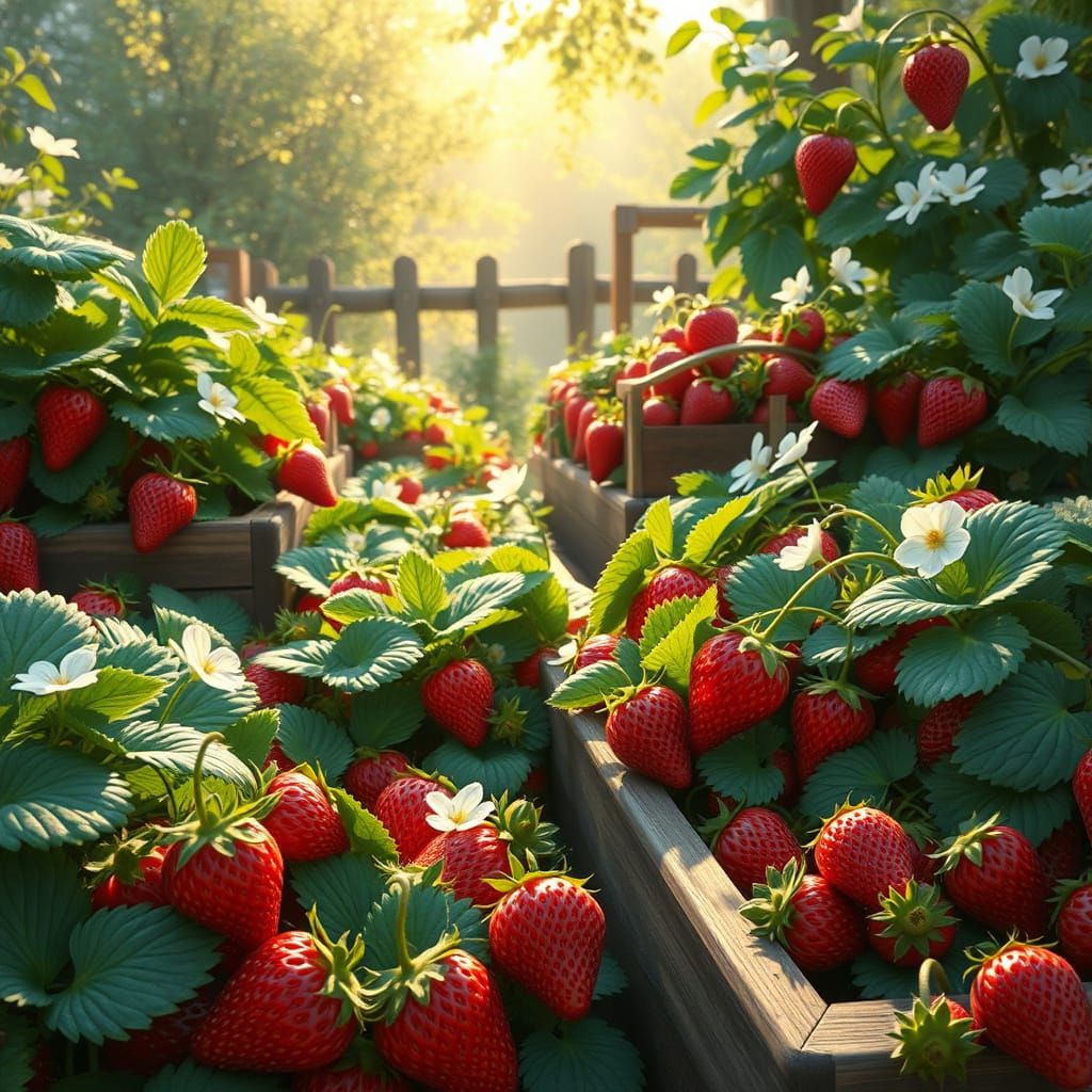 Beautiful fruit garden, focus on strawberries patch, intricate details