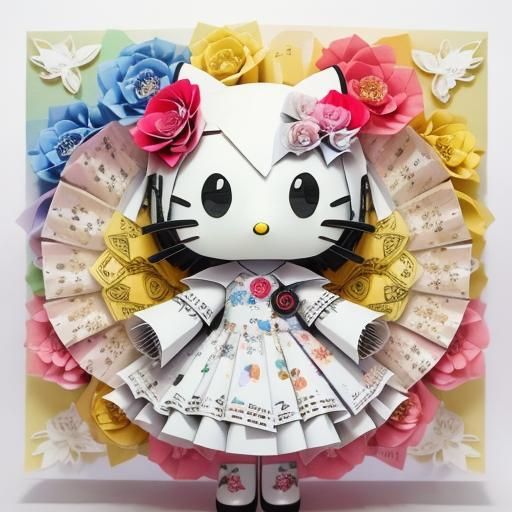 Origami cartoon character Hello Kitty with paper assorted color flowers ...