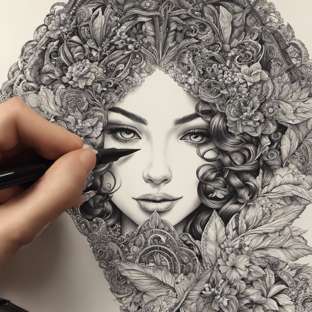 hand coming out of paper to draw herself, pen in hand, intricately ...