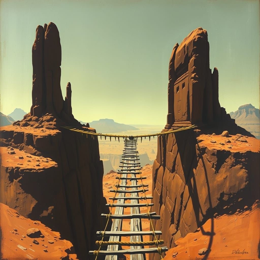 A rickety rope bridge, swaying precariously over a bottomless chasm ...