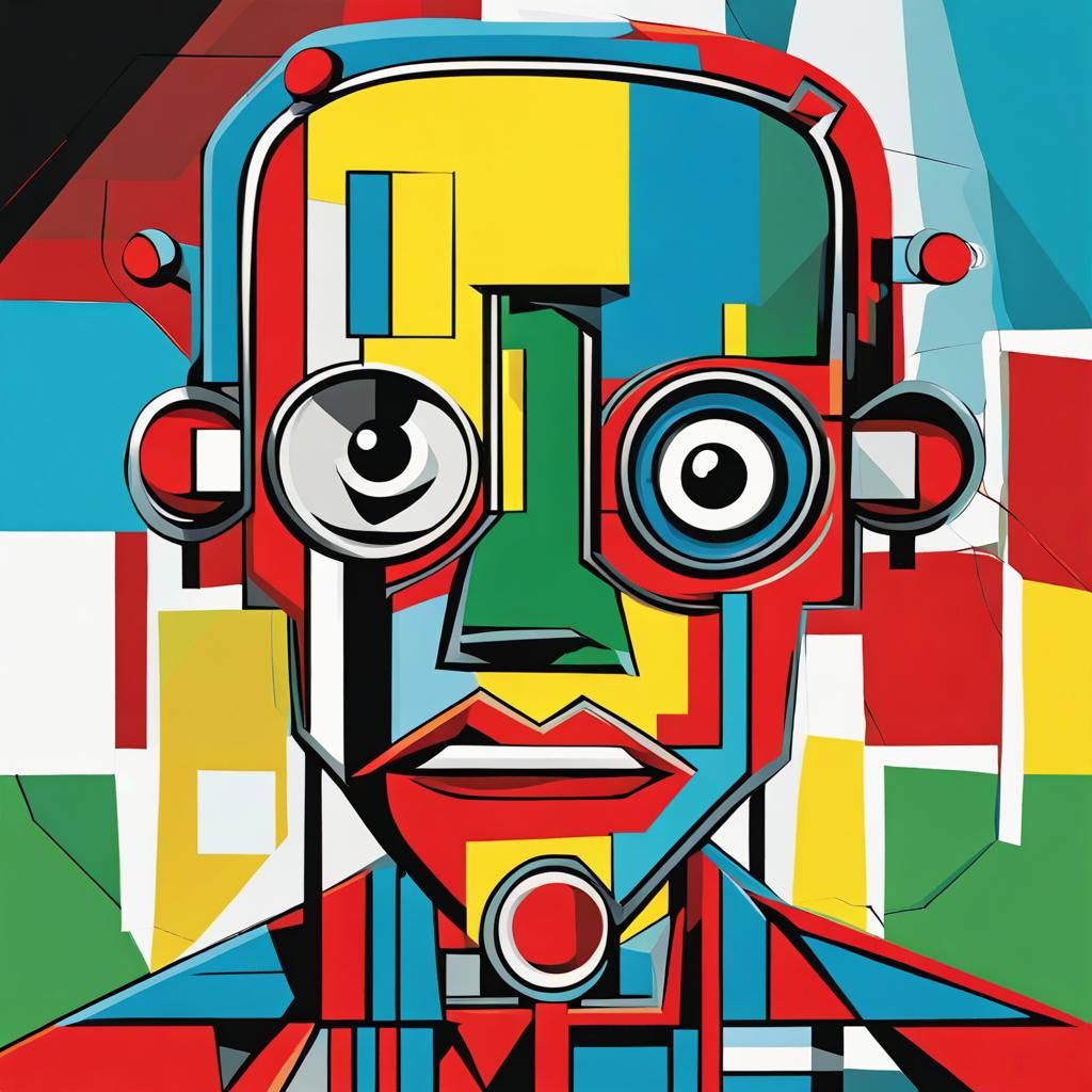 Cyborg robot man. 3rd October 1970. Pop art. Human eyes. Square head ...