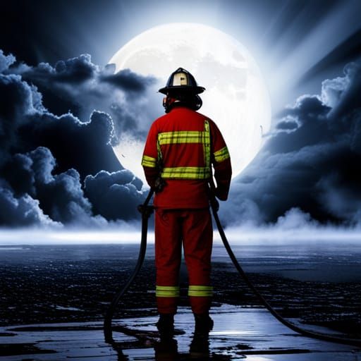 Dream firefighter woman with water hose in hand at night with full moon ...