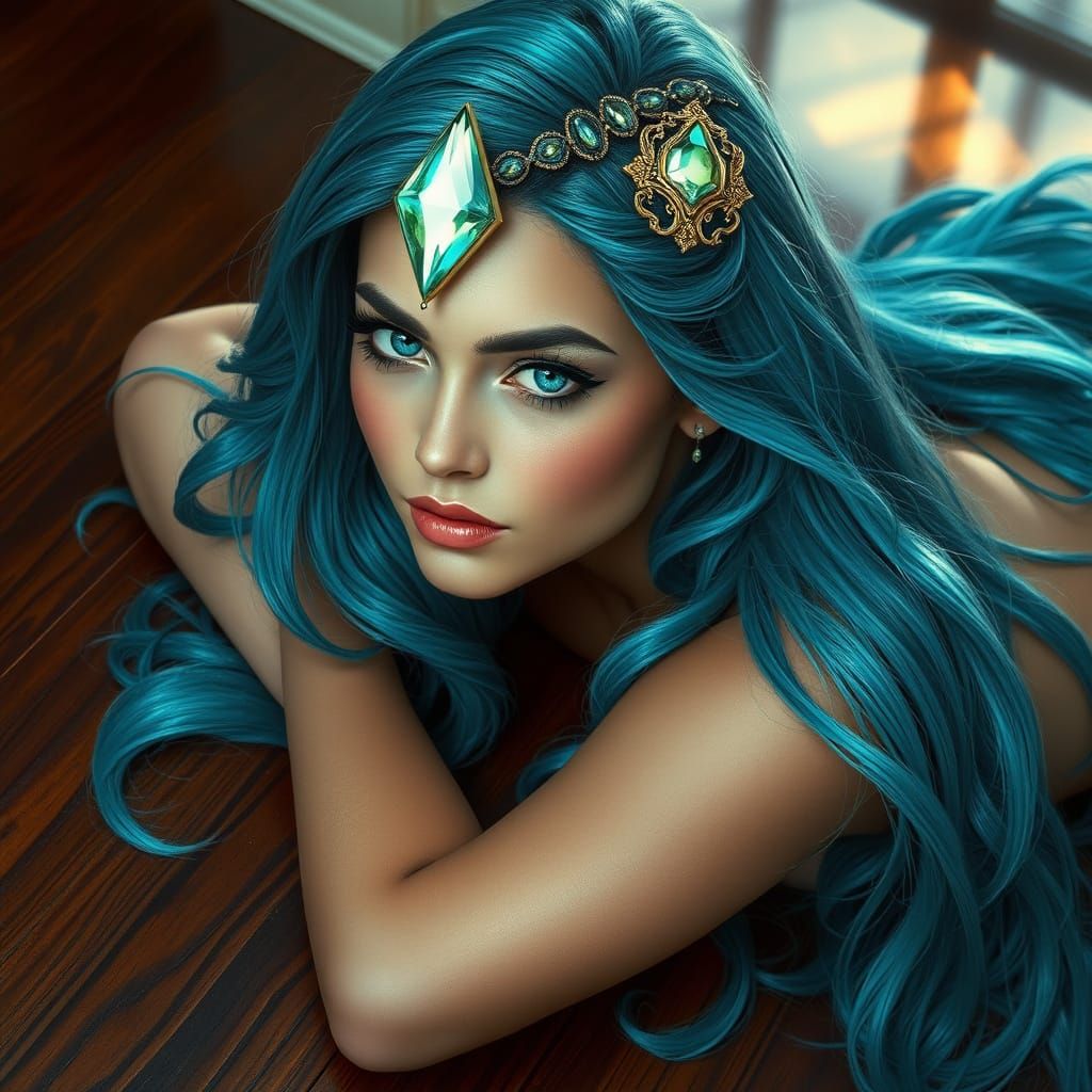 Jade - Enchanting Goddess with Emerald Eyes and Azure Locks