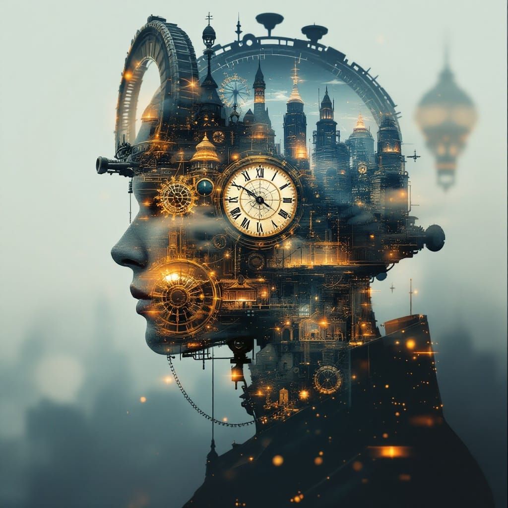 Steampunk Android Silhouette Against a Fantasy Cit... - AI Art