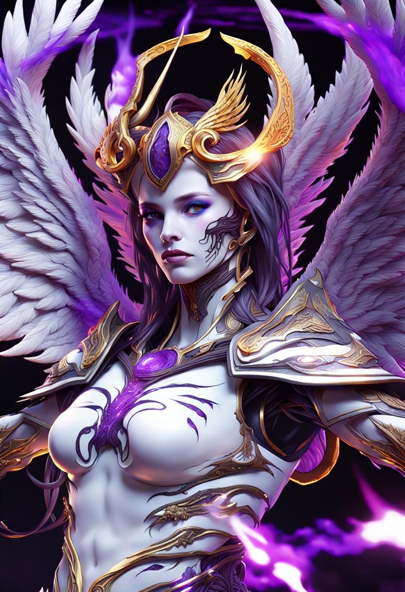 Angel of death,demon, purple hell fire, golden halo, blade on sleeve, half demon with a tail ...