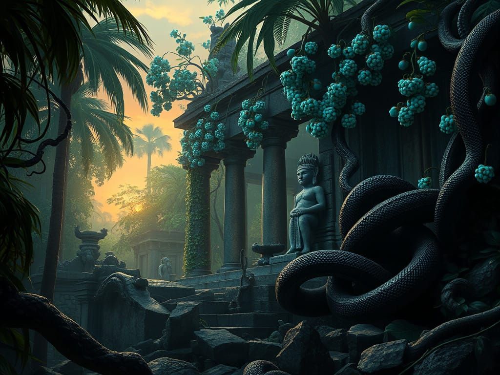 An overgrown jungle ruin with toppled stone pillars and shattered ...