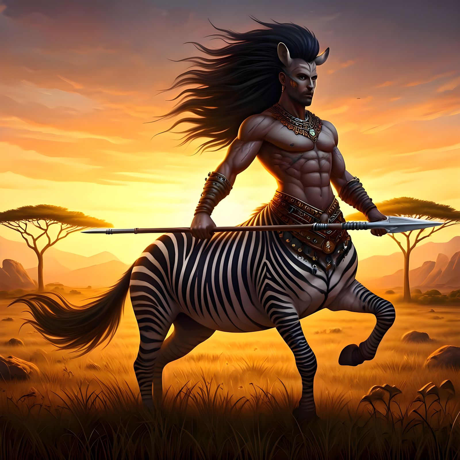 Envision a zebra centaur, its equine half featuring bold, black and ...