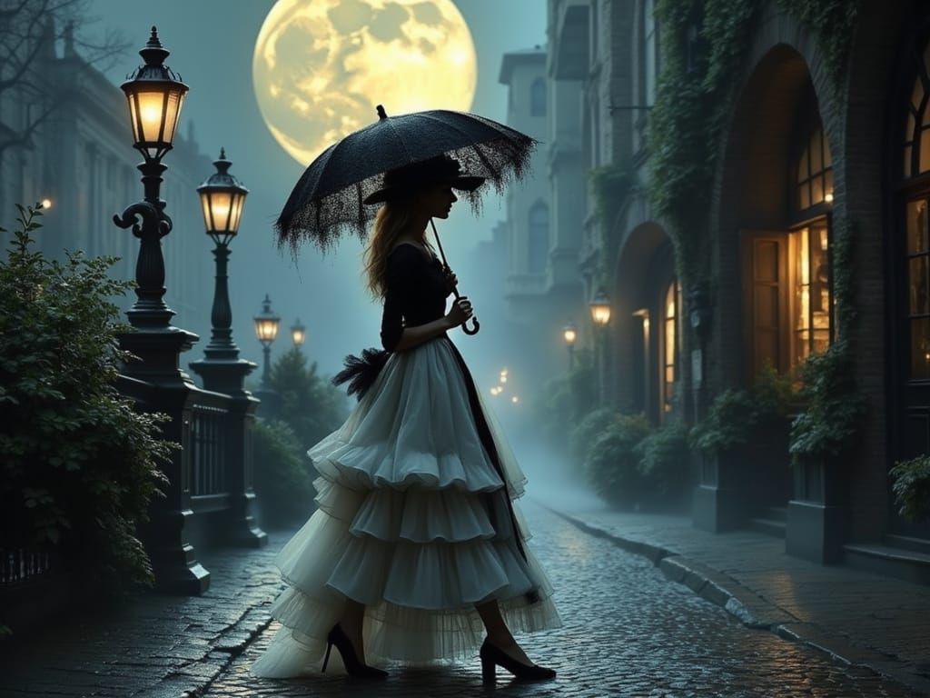 Elegant Woman Walks Under a Full Moonlit Night in ... - AI Art
