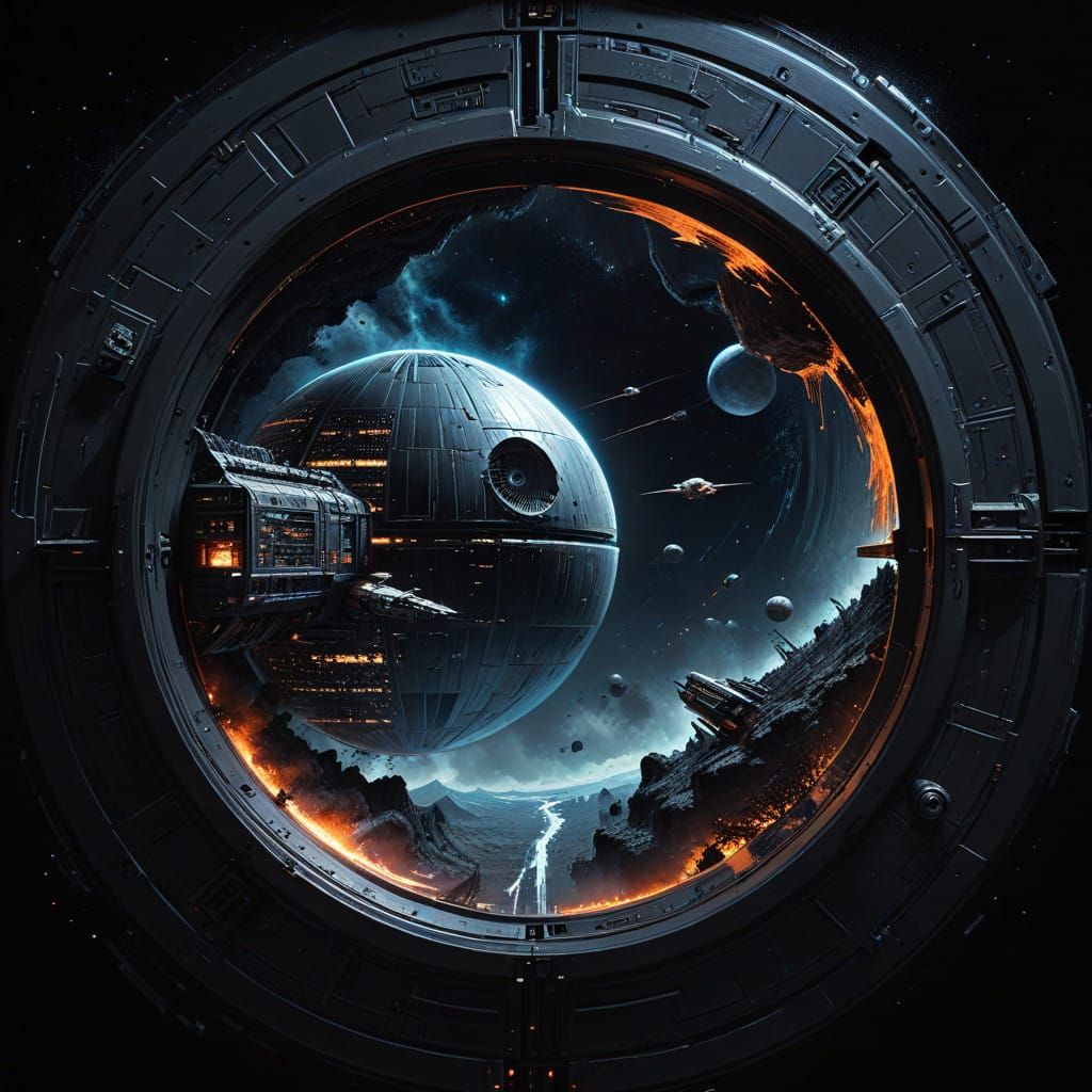 The Death Star space station, as seen from space through a spaceship window