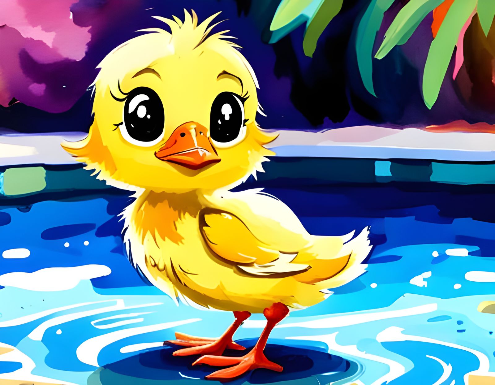 Adorable chibi duckling at the public swimming pool, wide round eyes ...