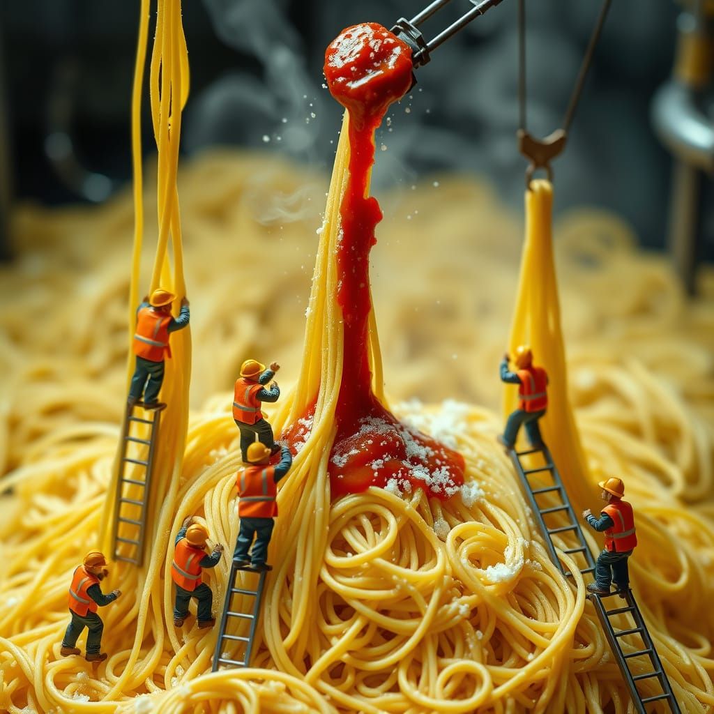 A highly detailed, realistic image of tiny workers in orange safety ...