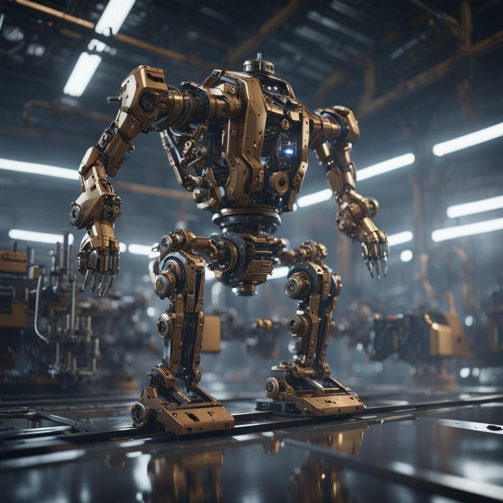 A mechanical robot runs a machine in the factory. intricate mech ...