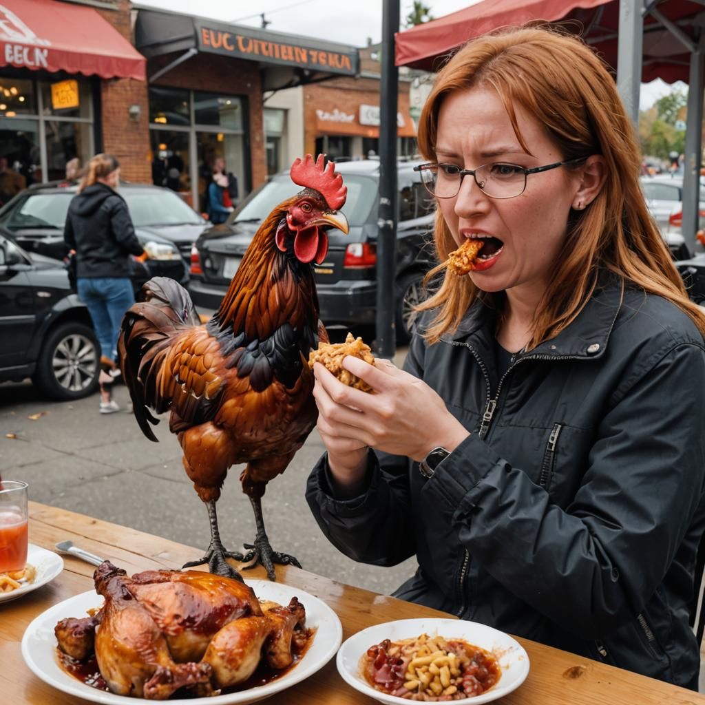 Becky eating the evil chicken - AI Generated Artwork - NightCafe Creator